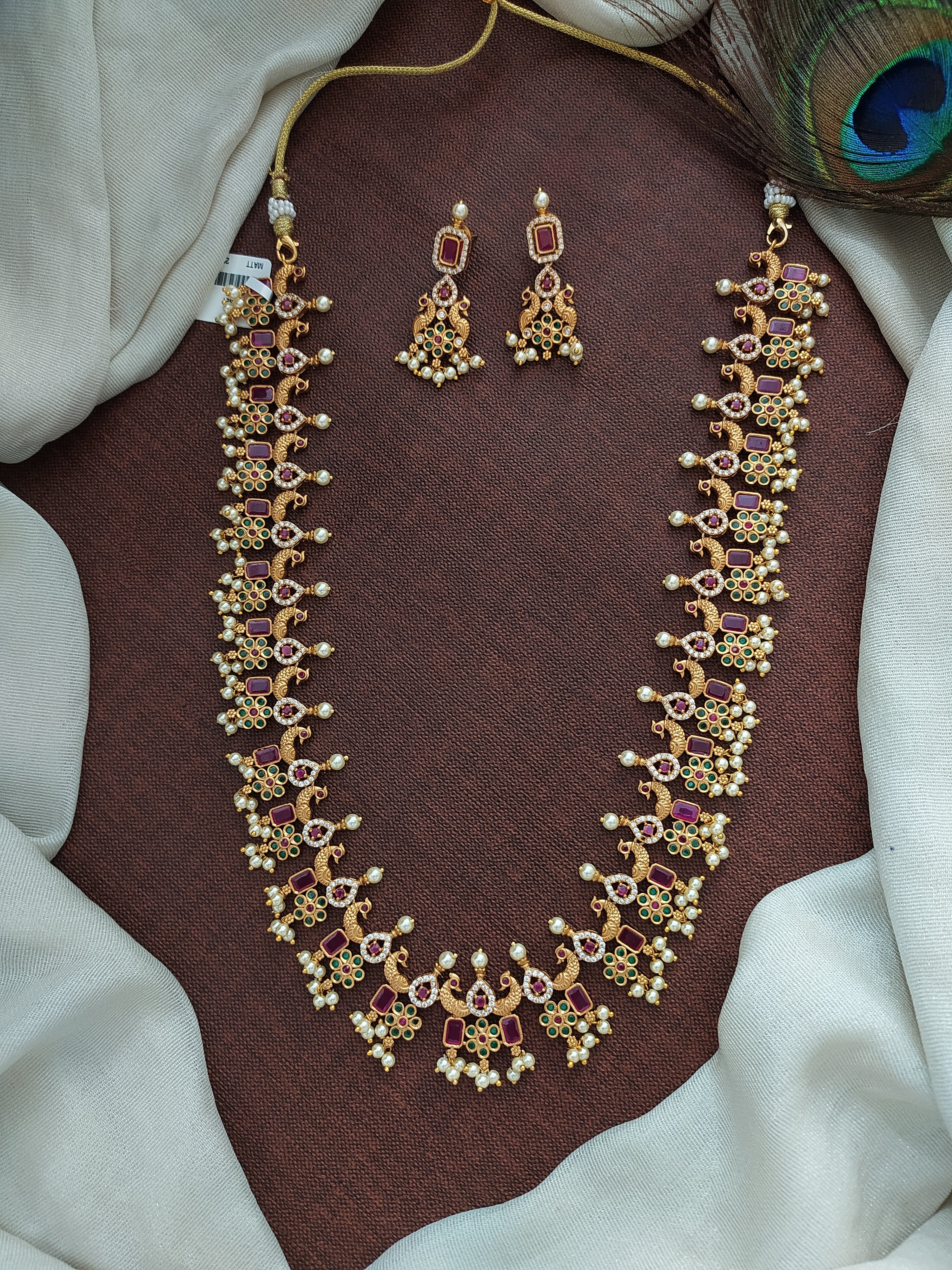 Simple Peacock Design Antique Haram Set with Pearls, Ruby, and Green S ...