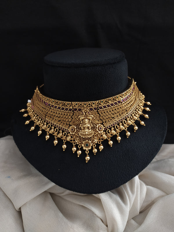 Antique Floral Peacock Designed Gold Lakshmi Choker Set with Earrings Sonal Fashion Jewellery